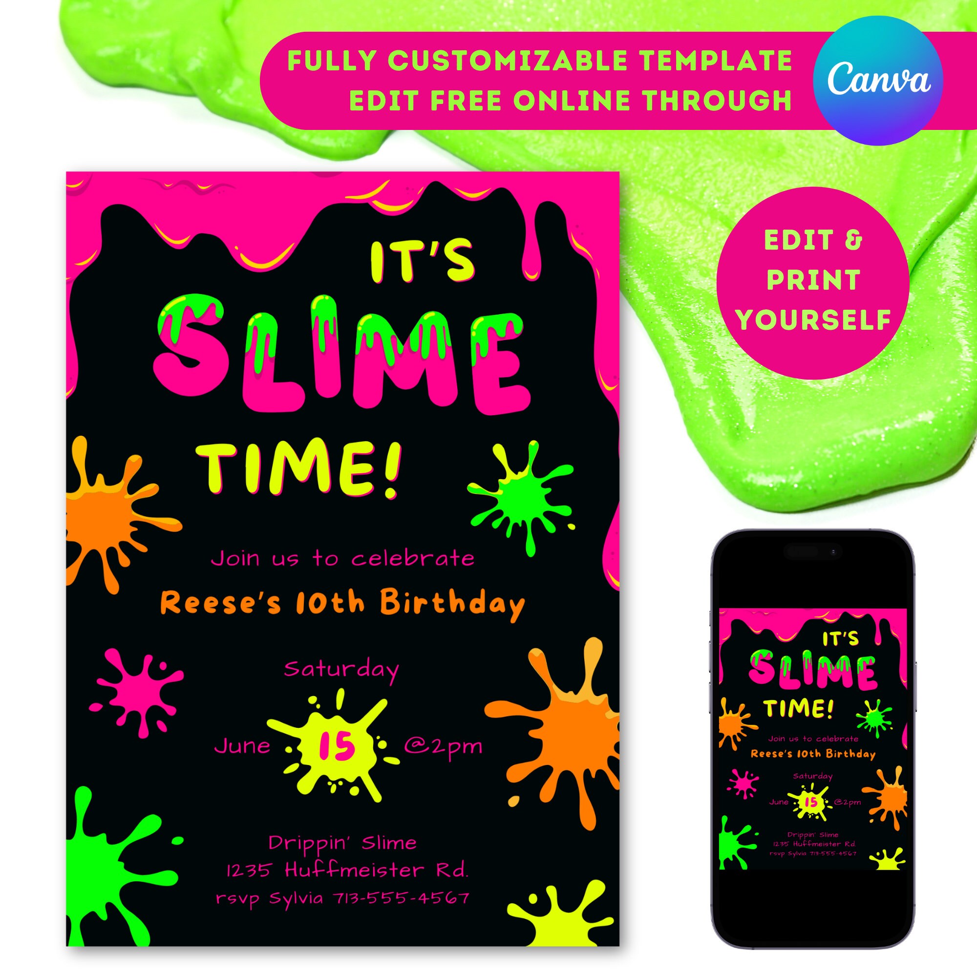 Editable Slime Birthday Party Invitation Template Printable Slime Party ...