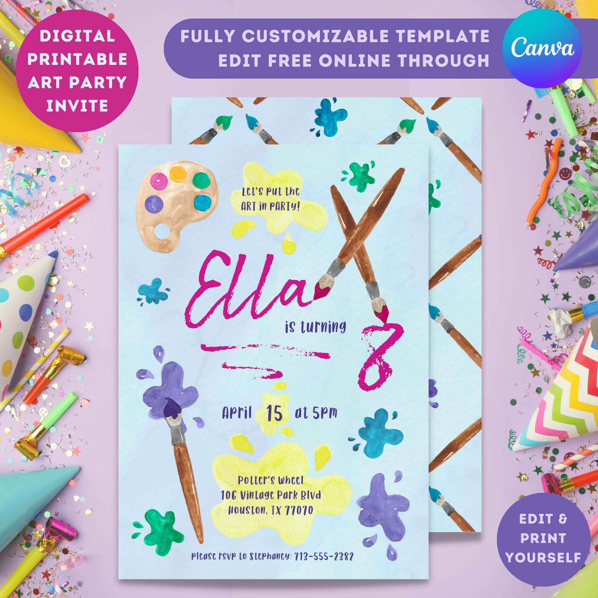 Editable Painting Party Invitation Art Birthday Girl Invite Craft Party ...