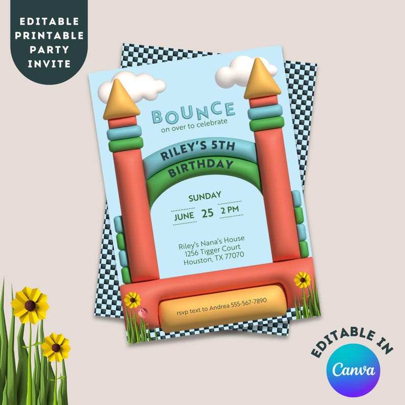 Editable Bounce House Birthday Party Invite Jump and Bounce Soft Play ...