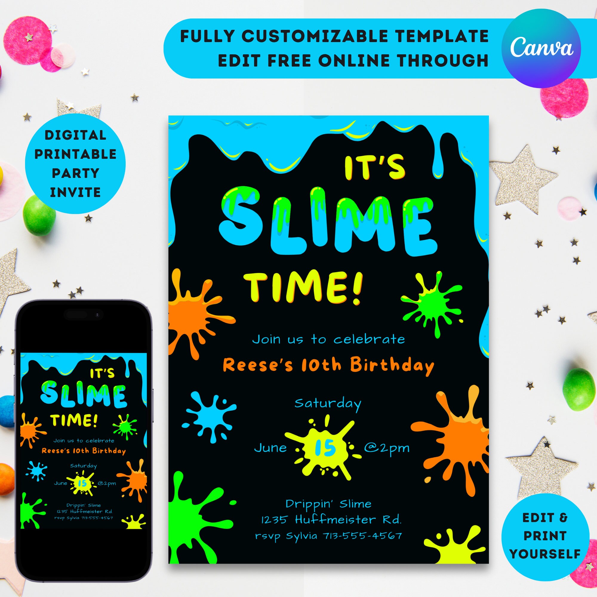 Editable Slime Birthday Party Invitation Template Printable Slime Party ...