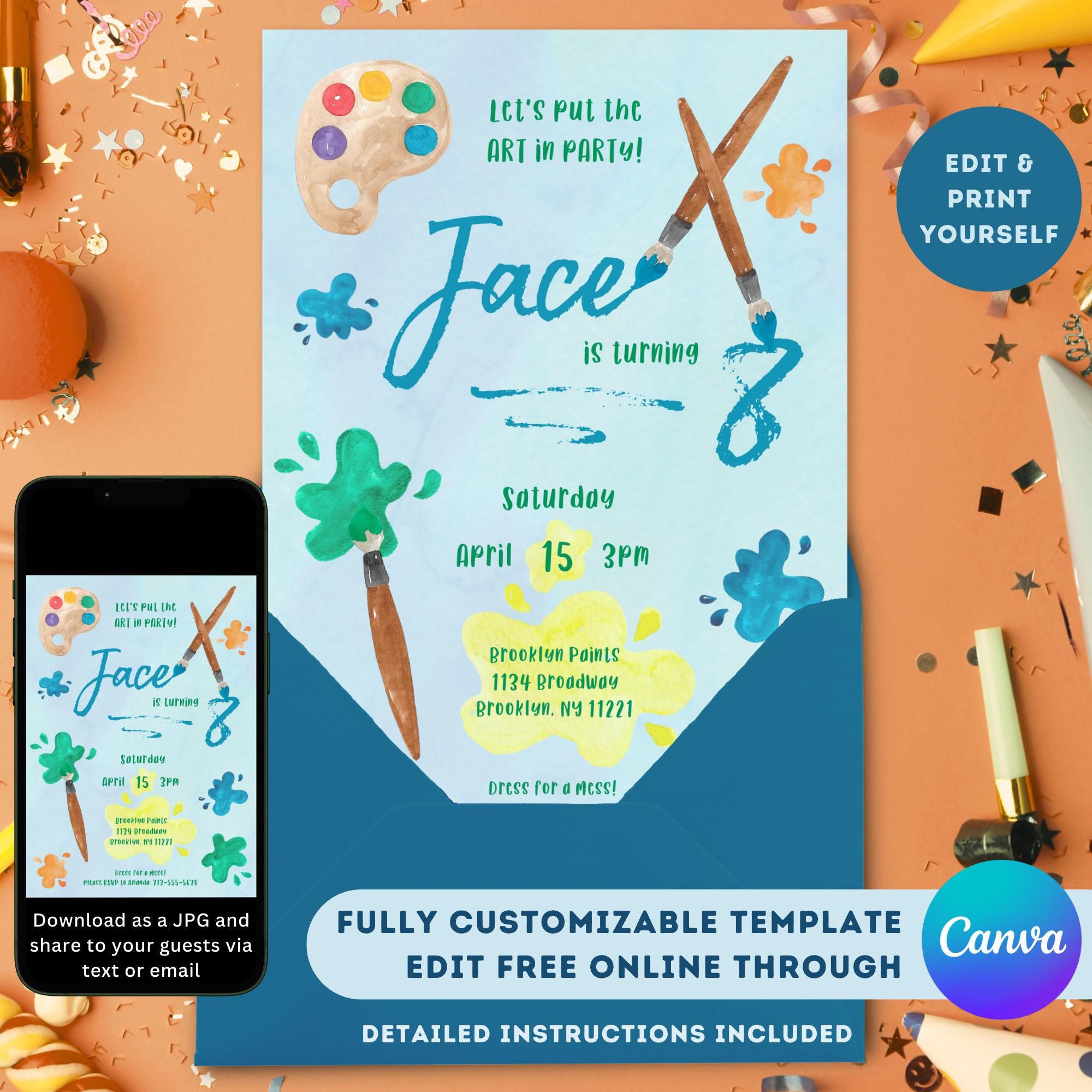 Editable Painting Party Invitation Art Birthday Boy Invite Craft Party ...