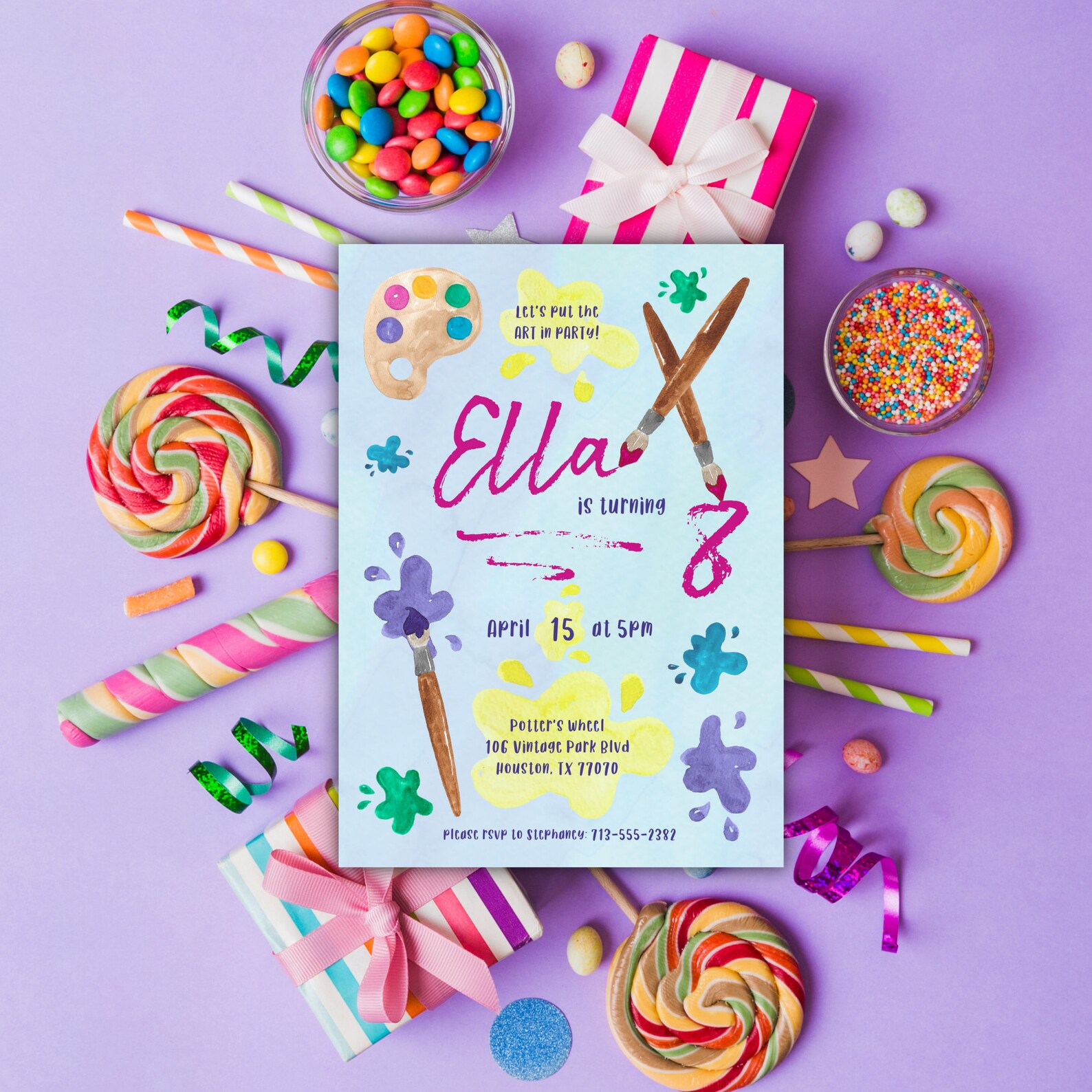 Editable Painting Party Invitation Art Birthday Girl Invite Craft Party ...