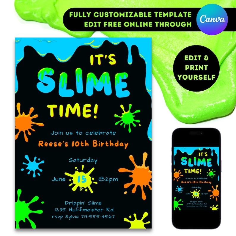 Editable Slime Birthday Party Invitation Template Printable Slime Party ...