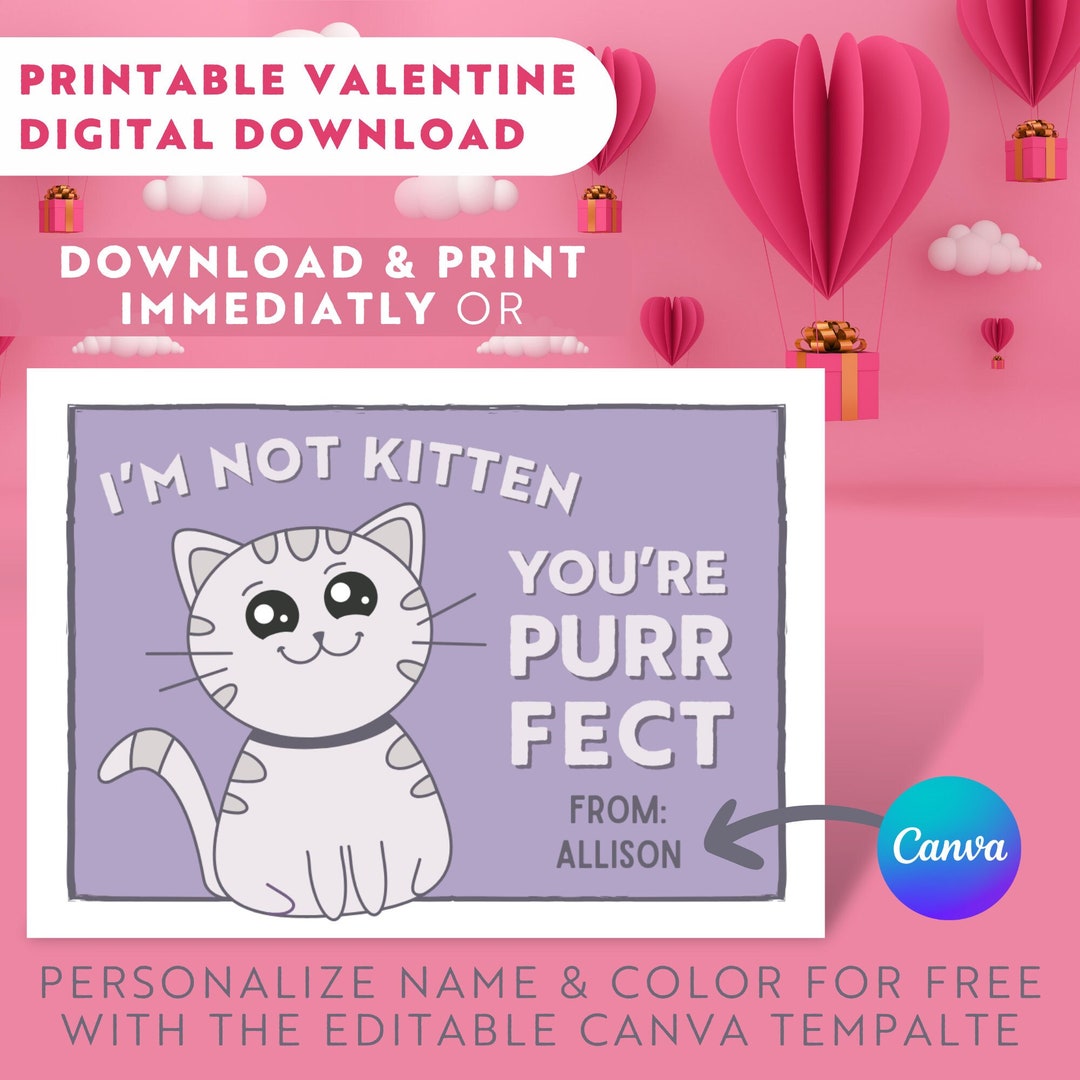 Printable Kitten Valentines Cards Personalized Classroom Valentines Day ...