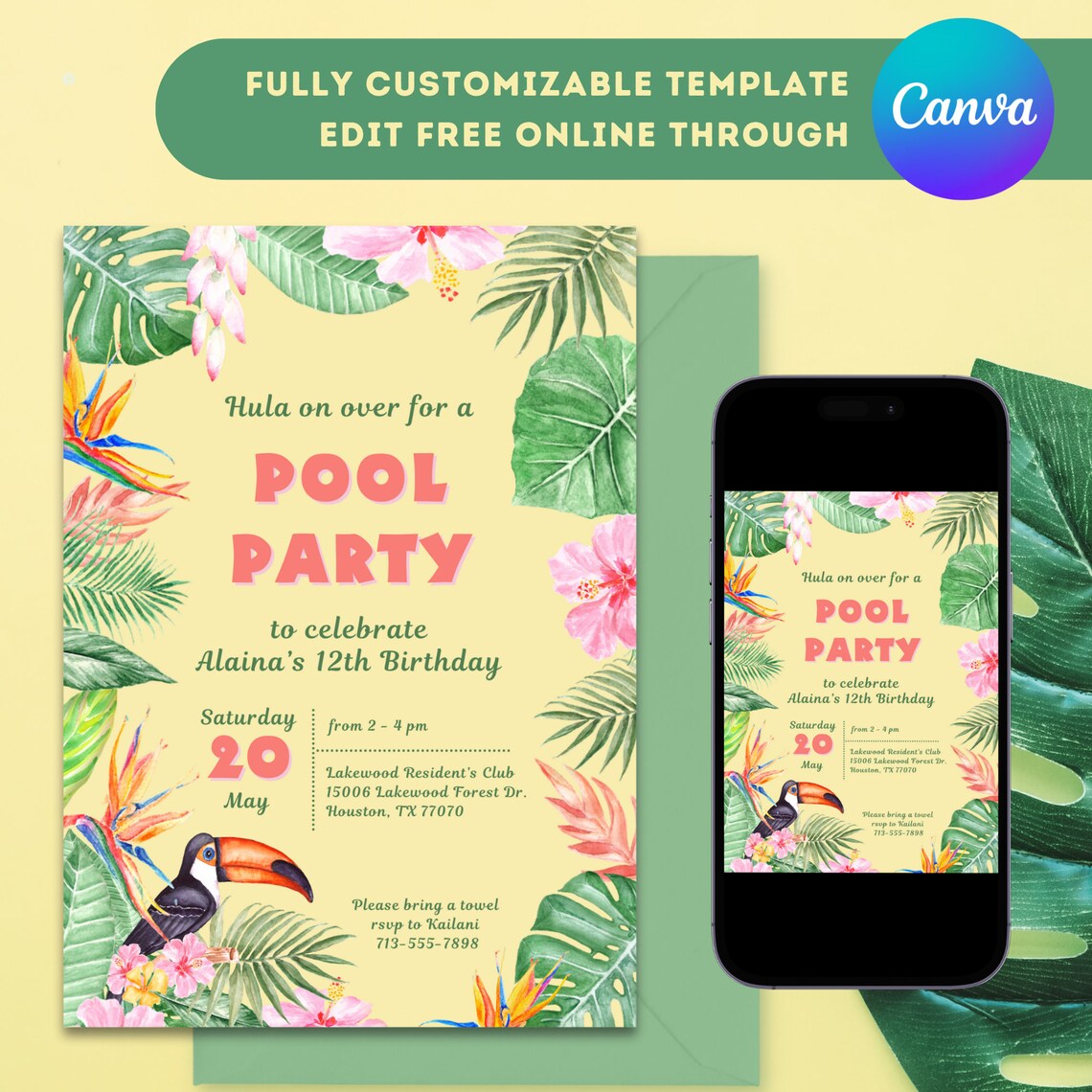 Editable Pool Party Birthday Invitation Template Tropical Birthday ...