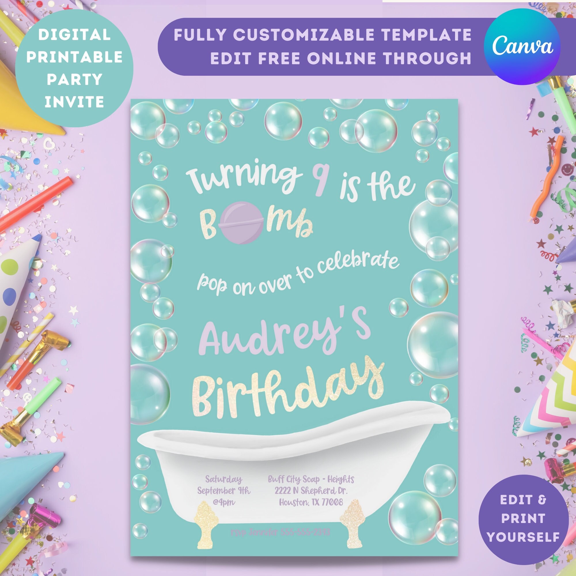 Editable Bath Bomb Birthday Party Invitation Template Spa Party Bath ...