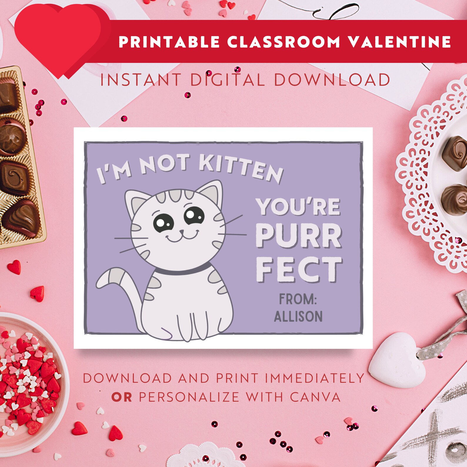 Printable Kitten Valentines Cards Personalized Classroom Valentines Day ...