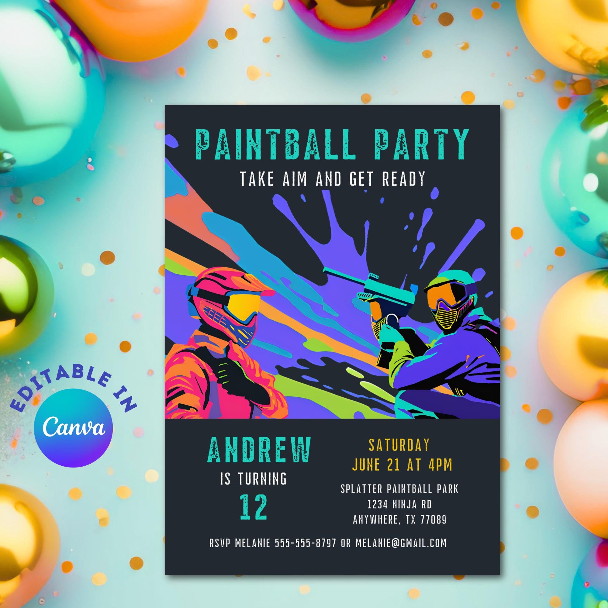 Editable Paintball Birthday Invitation Template Printable Digital Paint ...
