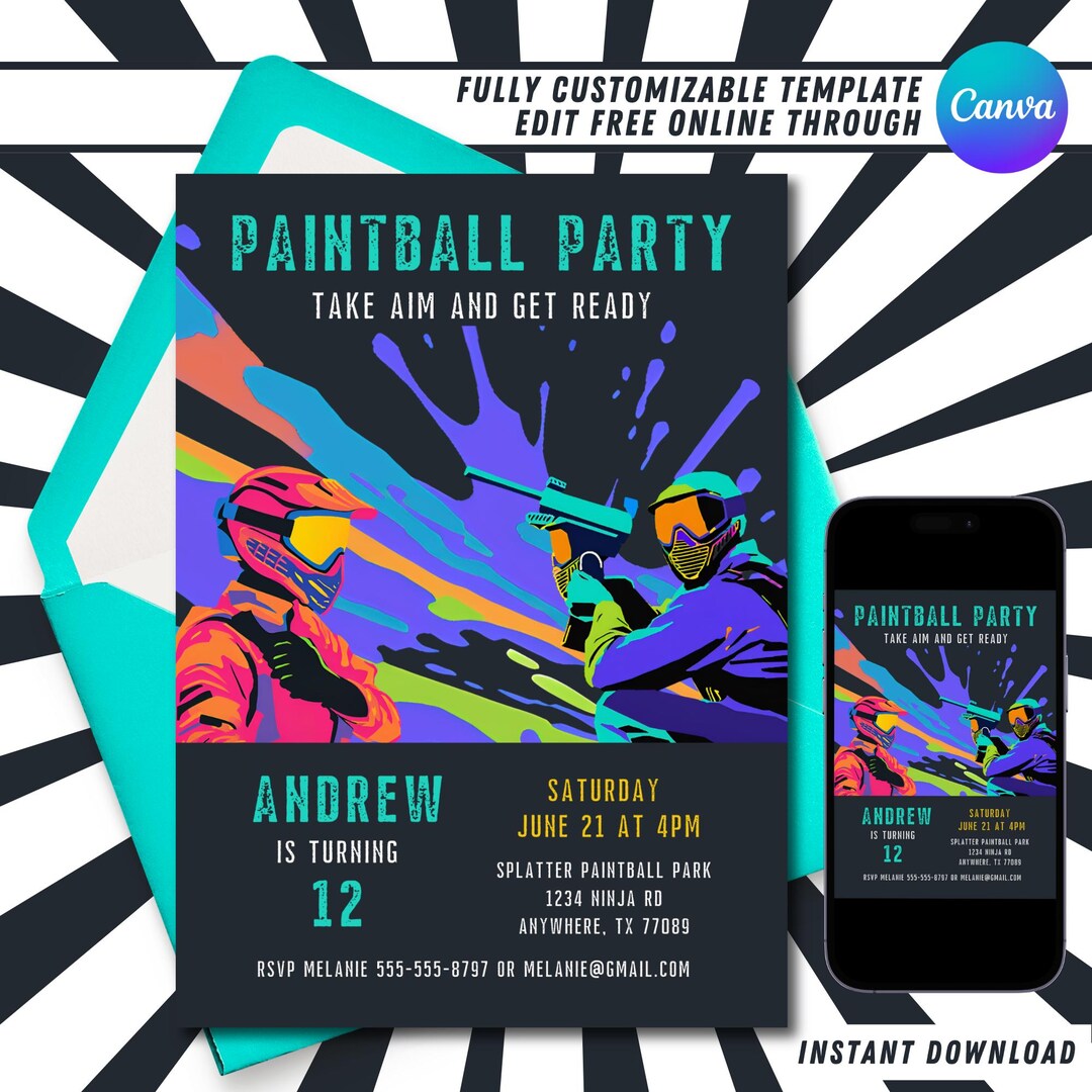 Editable Paintball Birthday Invitation Template Printable Digital Paint ...
