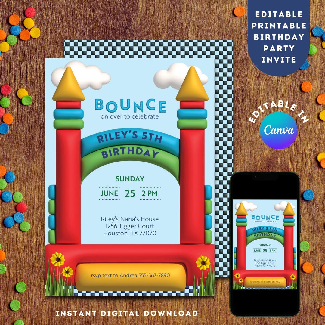 Editable Bounce House Birthday Party Invite Jump and Bounce Soft Play ...