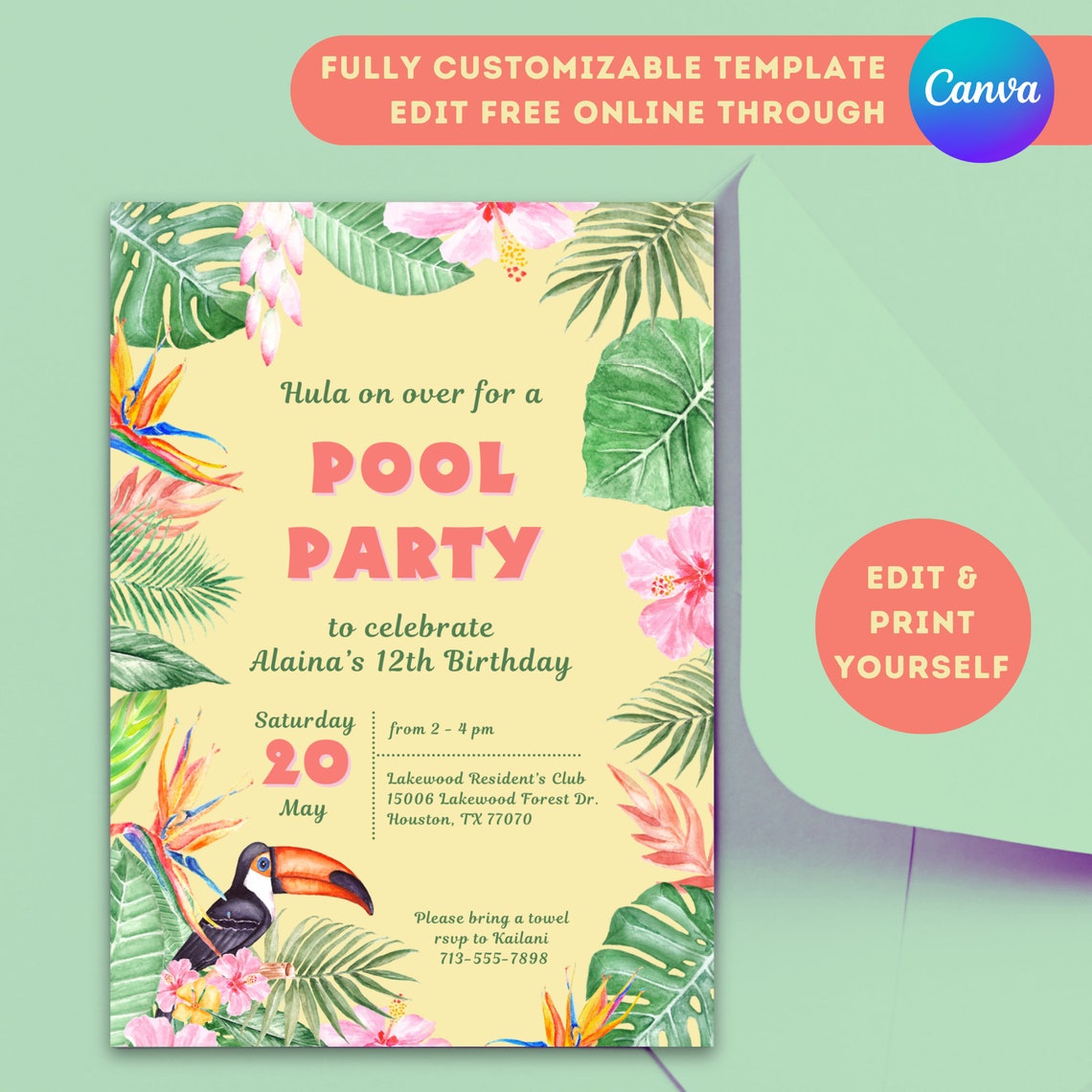 Editable Pool Party Birthday Invitation Template Tropical Birthday ...
