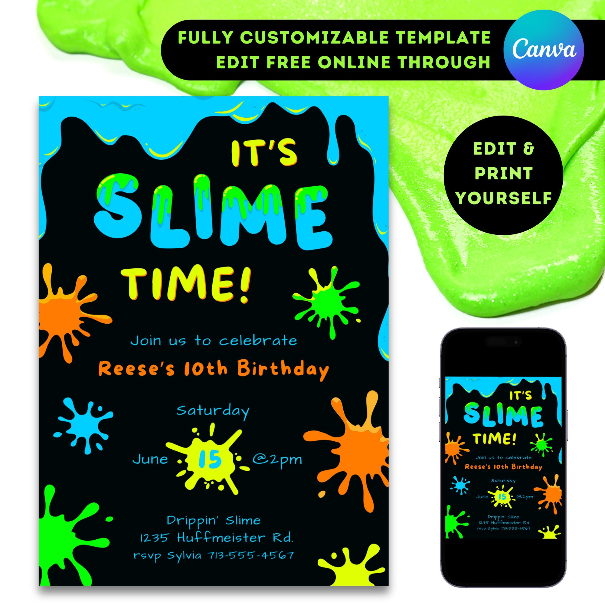 Editable Slime Birthday Party Invitation Template Printable Slime Party ...