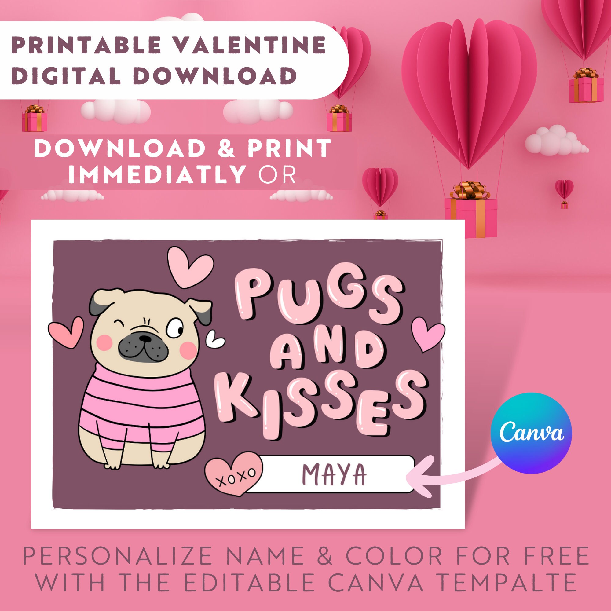 Cute Pug Dog Printable Classroom Valentine for Kids Valentines Day Card ...