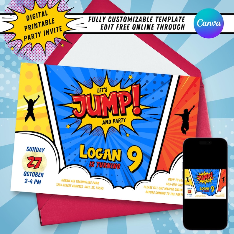 Editable Jump Party Invitation Superhero Birthday Party Bounce House ...