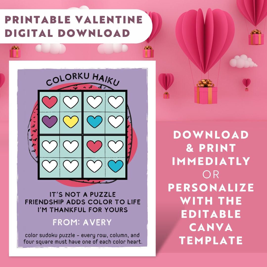Printable Valentine Cards for Kids Puzzle Sudoku Game Personalized ...