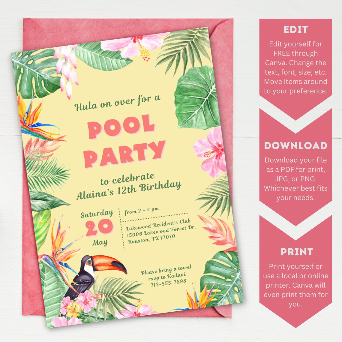 Editable Pool Party Birthday Invitation Template Tropical Birthday ...