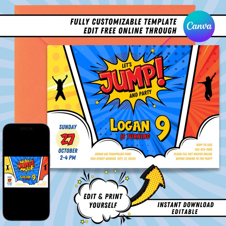 Editable Jump Party Invitation Superhero Birthday Party Bounce House ...