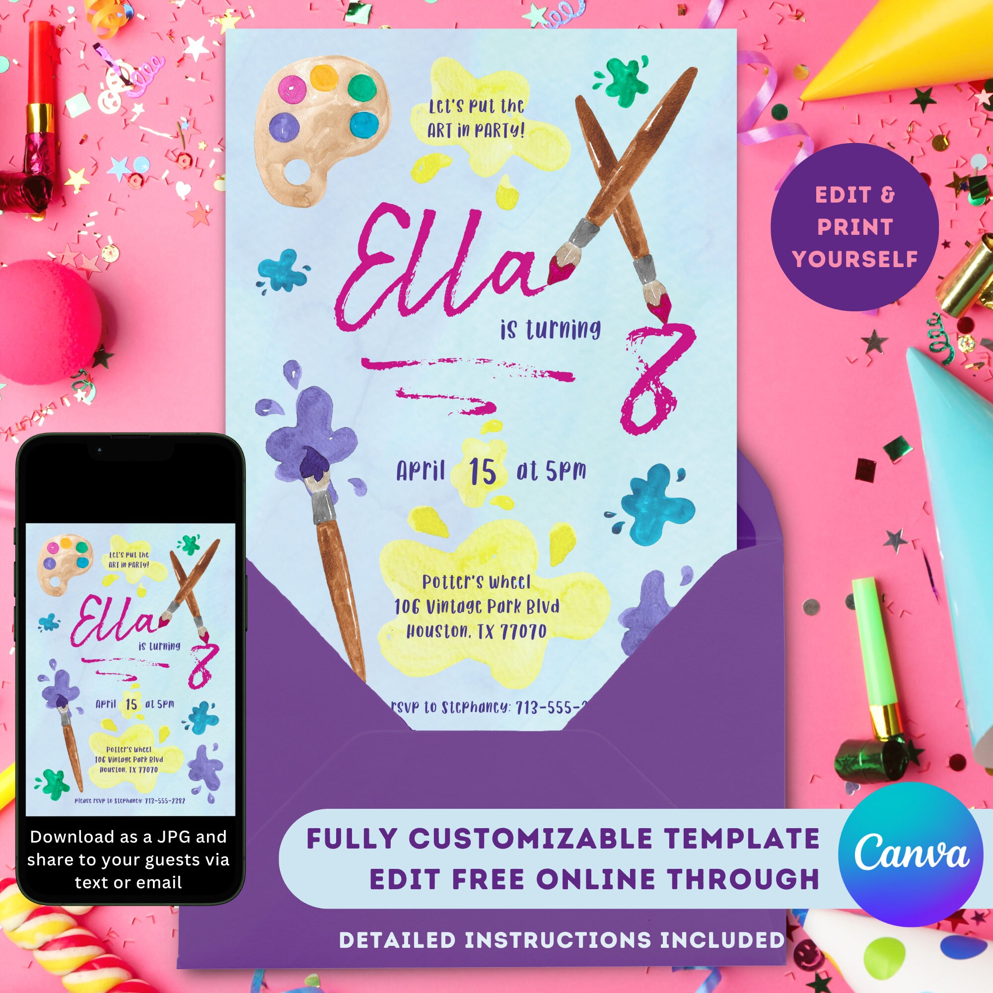 Editable Painting Party Invitation Art Birthday Girl Invite Craft Party ...