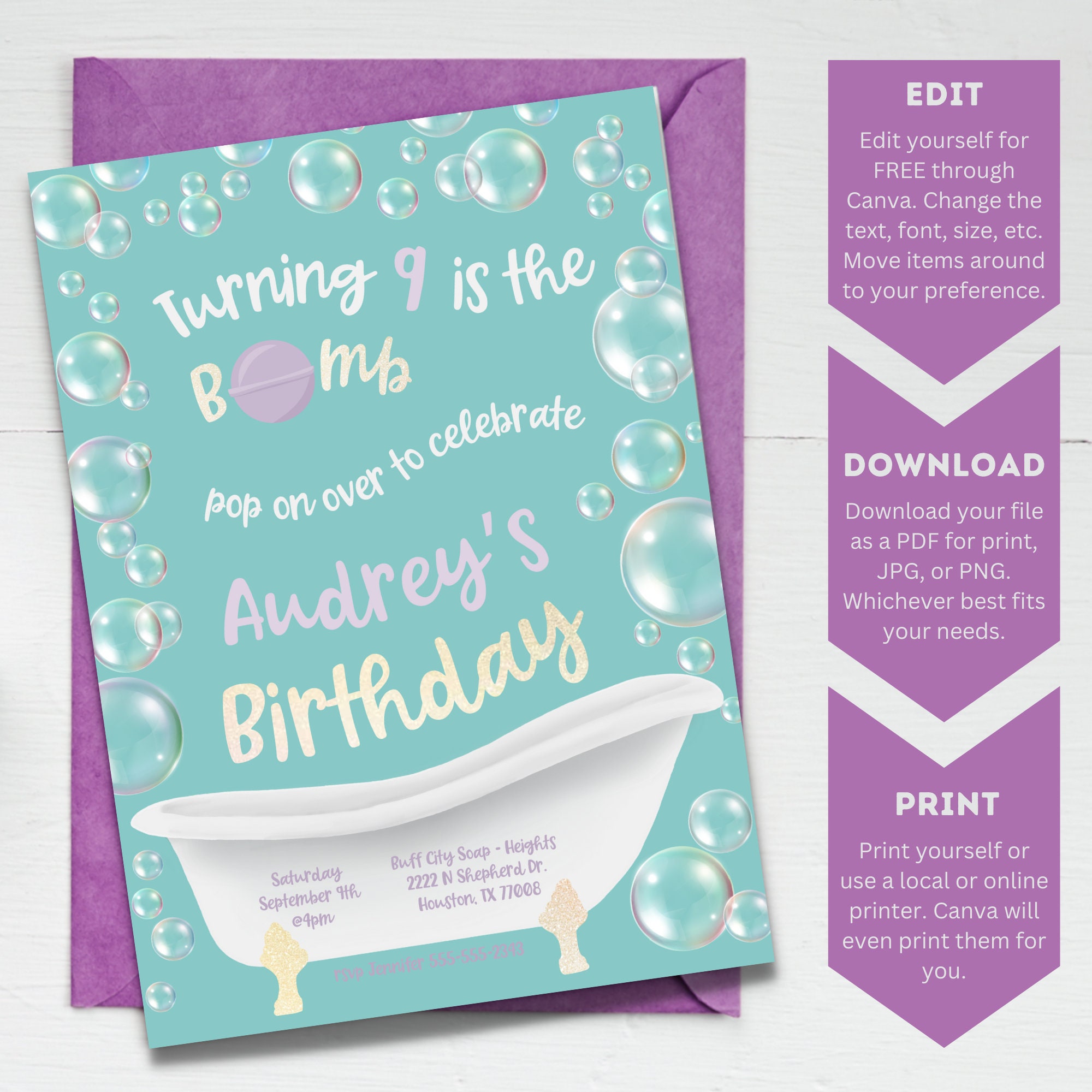 Editable Bath Bomb Birthday Party Invitation Template Spa Party Bath ...