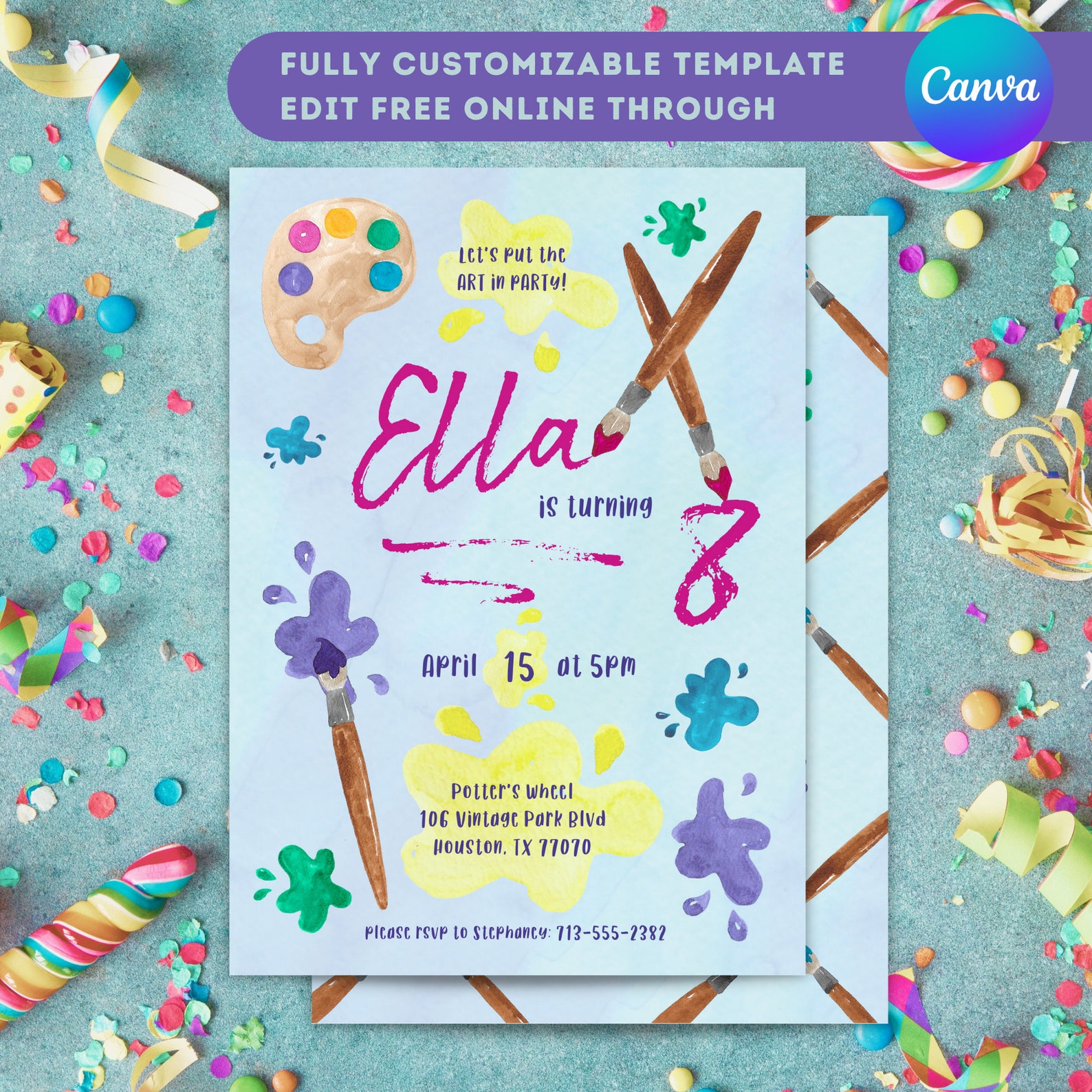 Editable Painting Party Invitation Art Birthday Girl Invite Craft Party ...