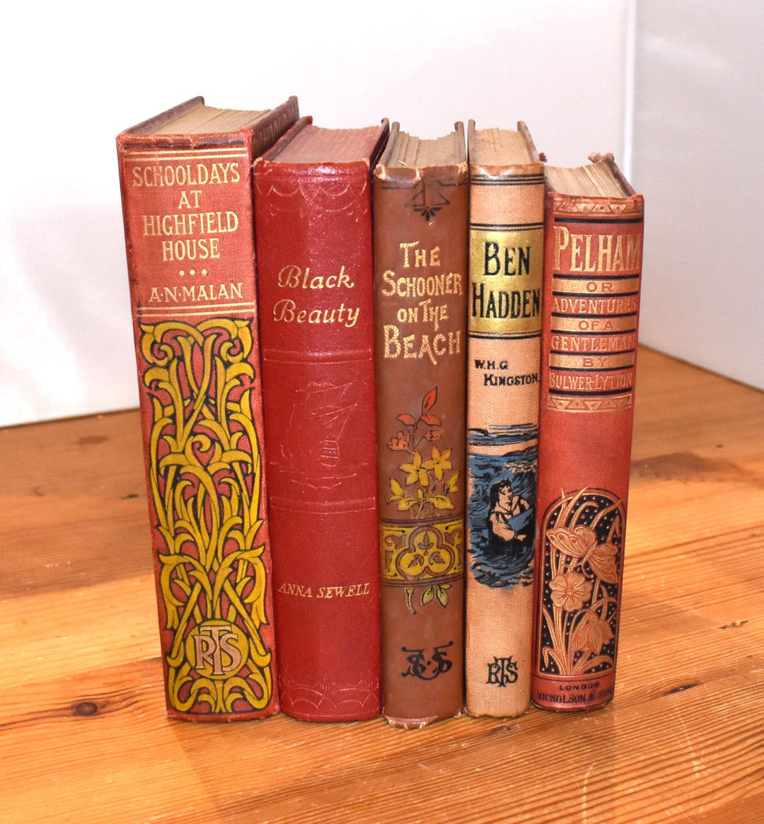 Antique Red Toned 5 Book Stack. Decorative Spines & Covers. Illustrated ...