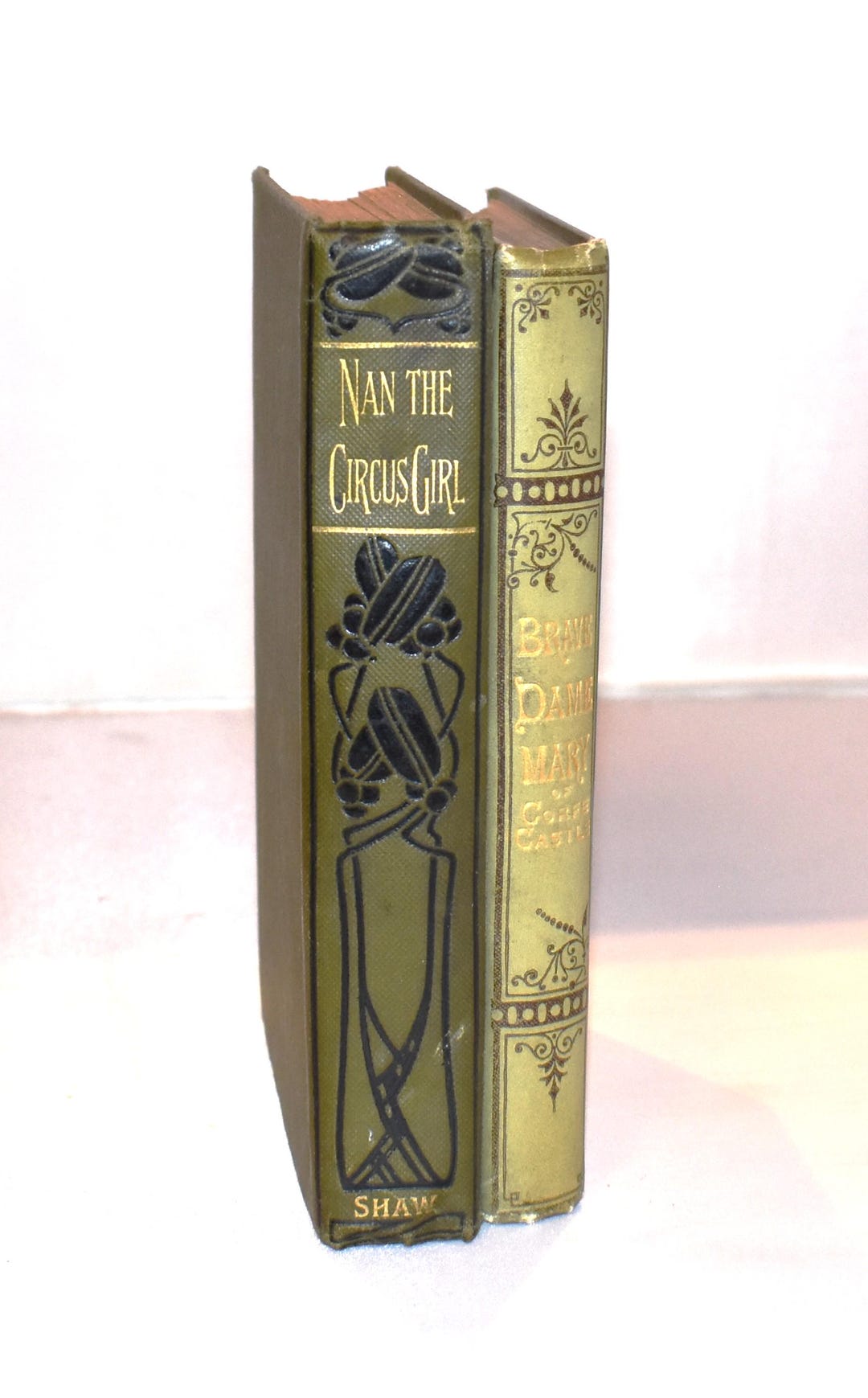 Antique Book Stack. Two 2 Green Toned Books. Decorative Spines & Covers ...