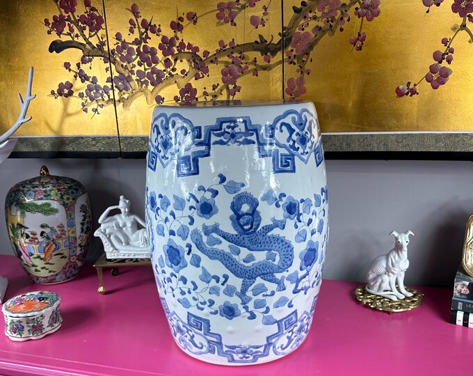 Vintage Blue and White Chinoiserie Dragon Garden Stool With Greek Key ...