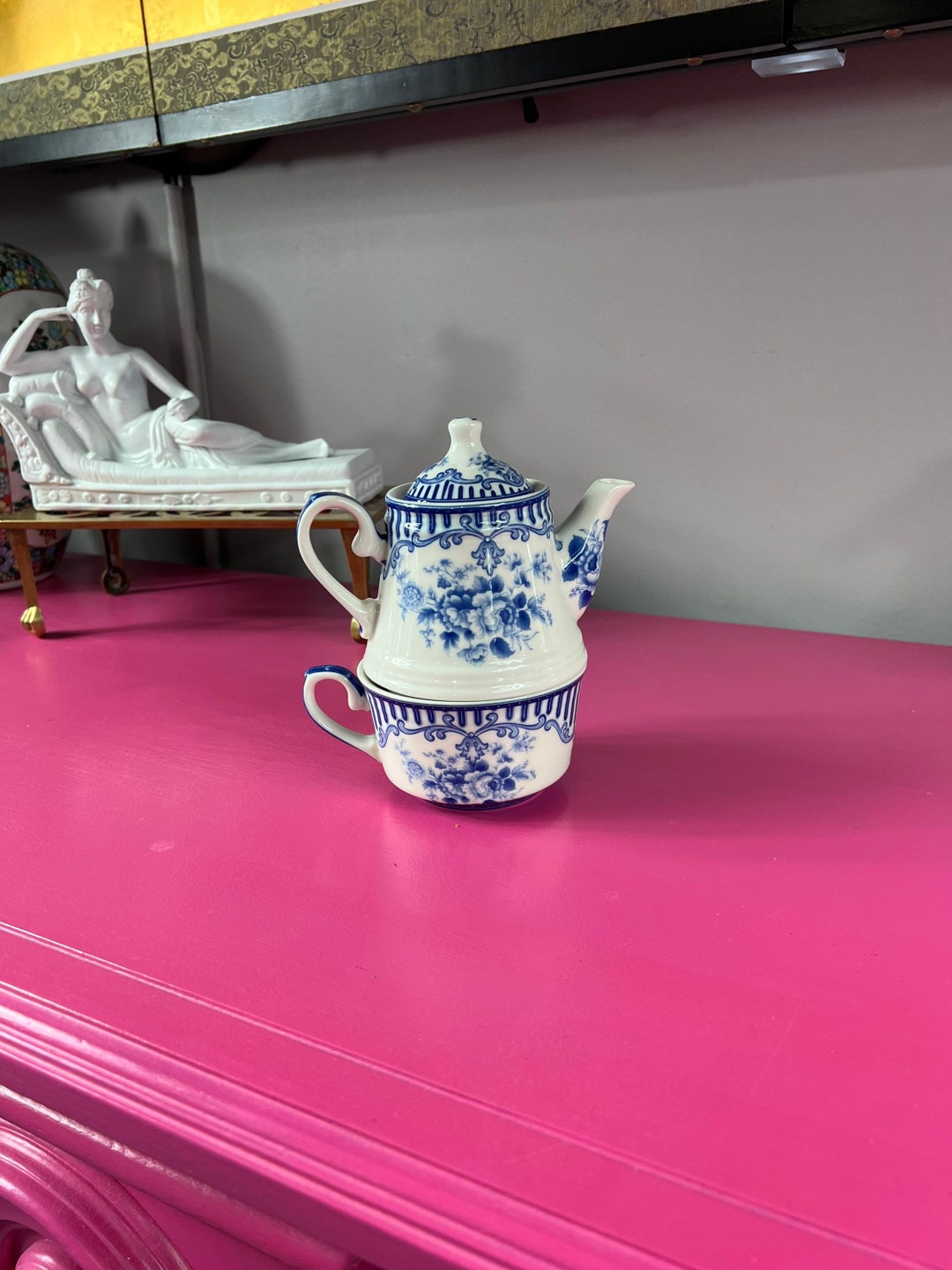 Blue and White Individual Tea Cup Pot Set by Madison Bay Company - Etsy