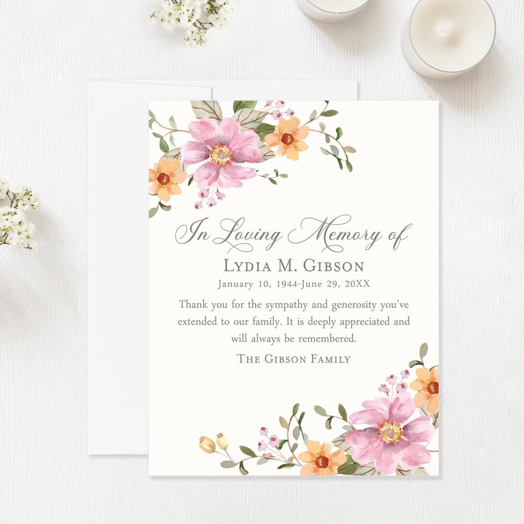 In Loving Memory Sympathy Thank You Cards, Personalized Soft Pink and ...