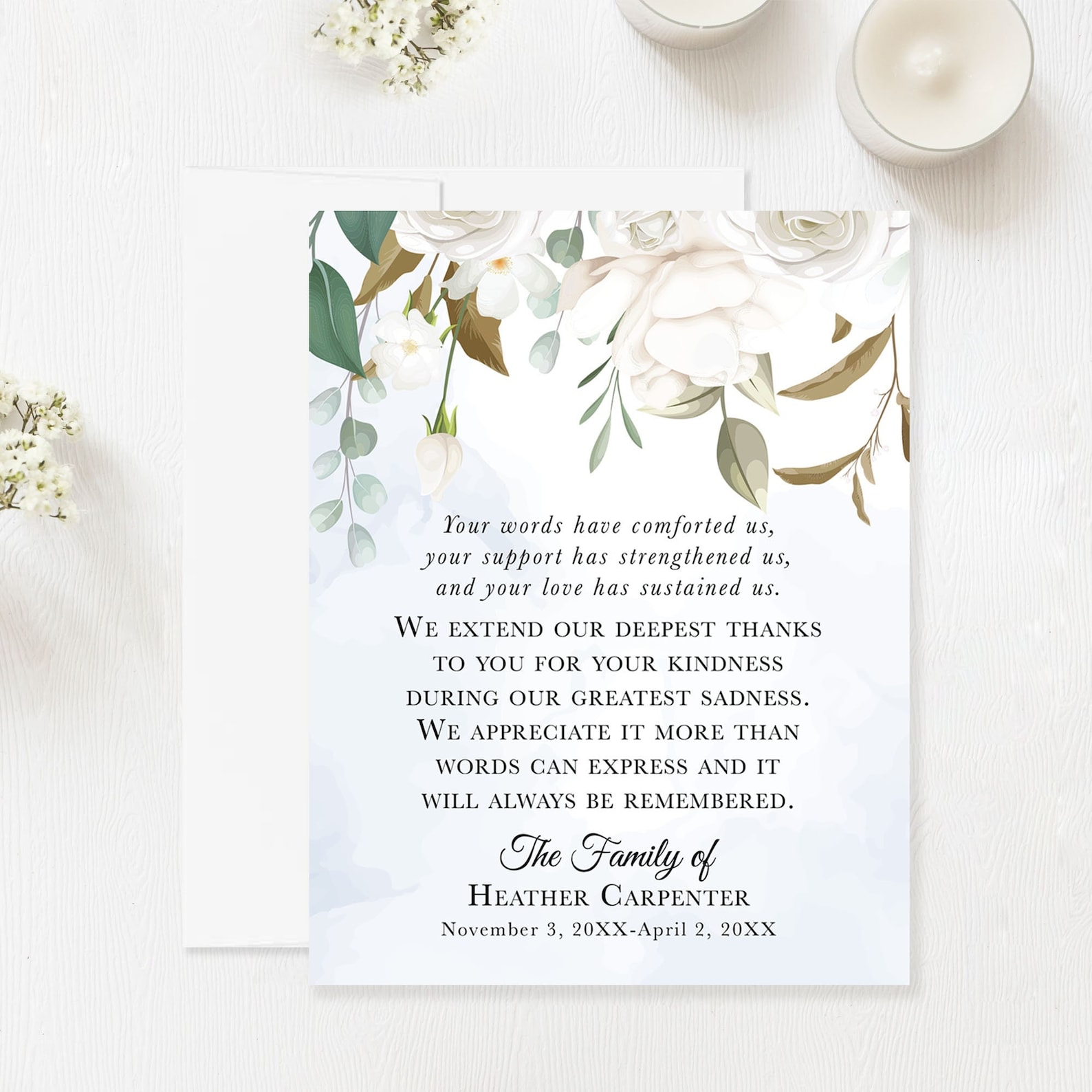 Personalized Funeral Thank You Cards With White Envelopes, White Floral ...
