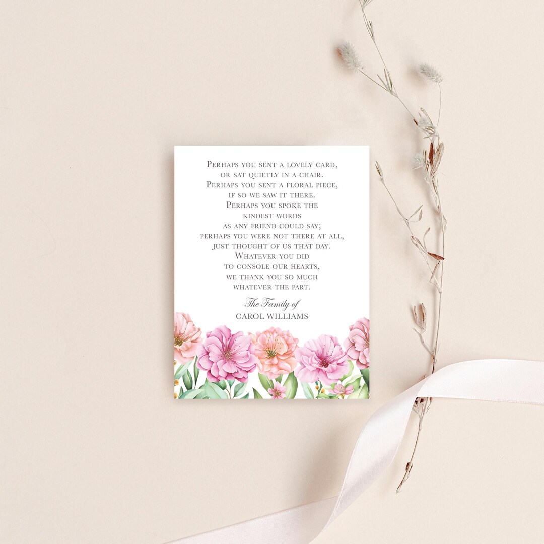 Personalized Sympathy Acknowledgement Cards With Poem, Pink Floral ...