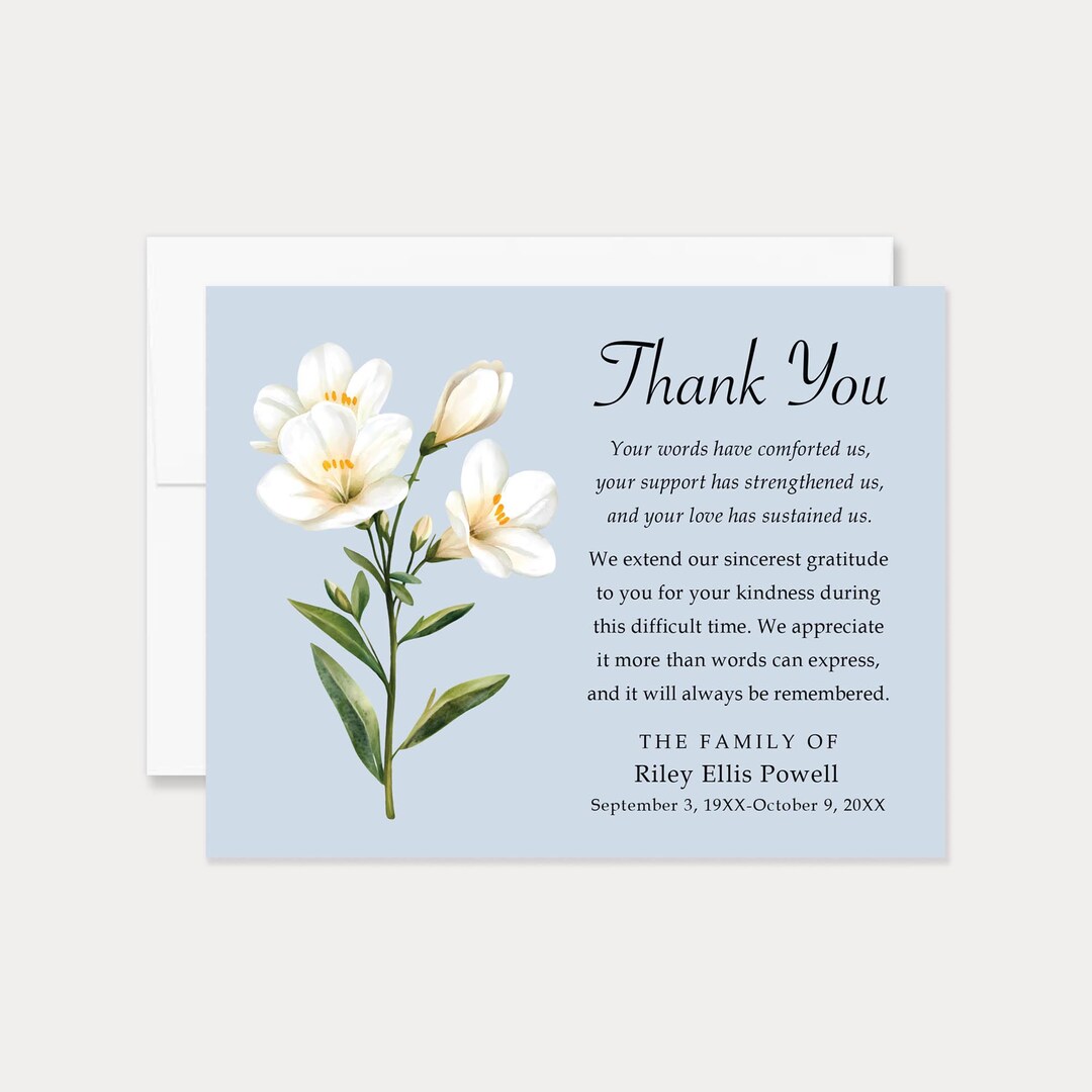 Soft Blue and White Freesia Flower Sympathy Thank You Cards, 5.5x4.25 ...