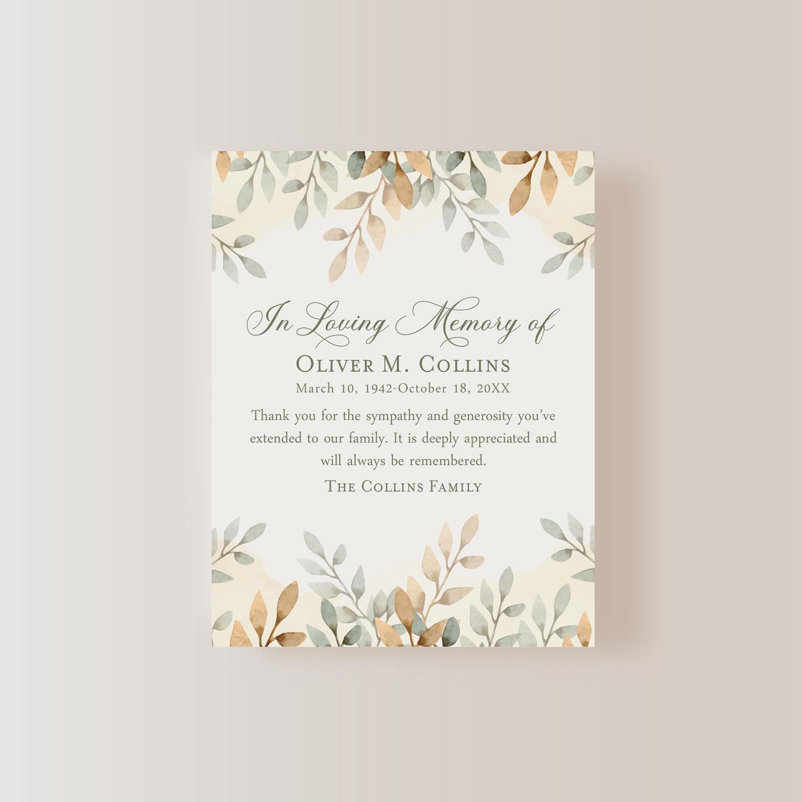 In Loving Memory Sympathy Thank You Cards, Leaves Funeral Bereavement ...