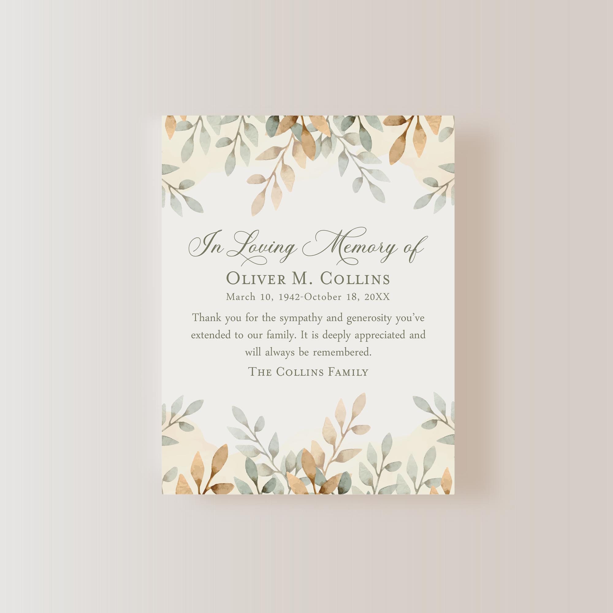 In Loving Memory Sympathy Thank You Cards, Leaves Funeral Bereavement ...