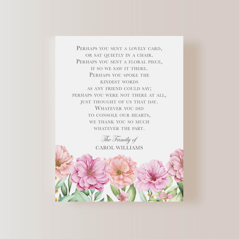 Personalized Sympathy Acknowledgement Cards With Poem, Pink Floral ...