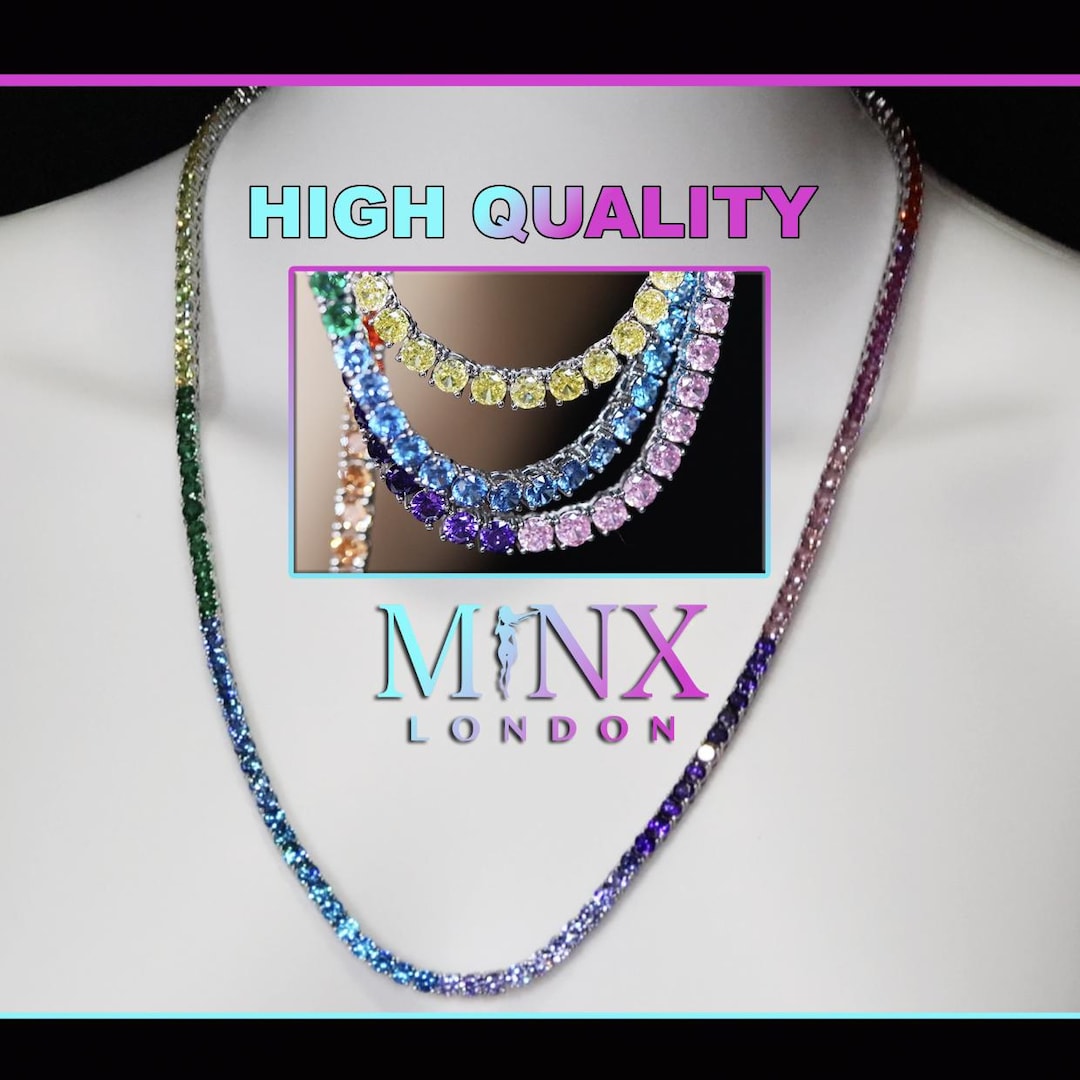 Rainbow Tennis Chain | Rainbow Diamond Tennis Necklace | Multi Coloured ...