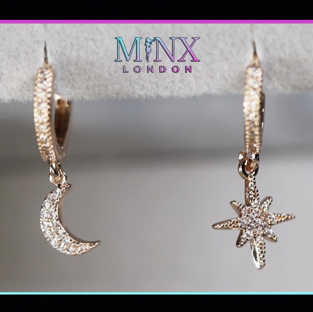 Diamond Moon and Star Earrings | Gold Diamond Star Earrings | Gold Star ...