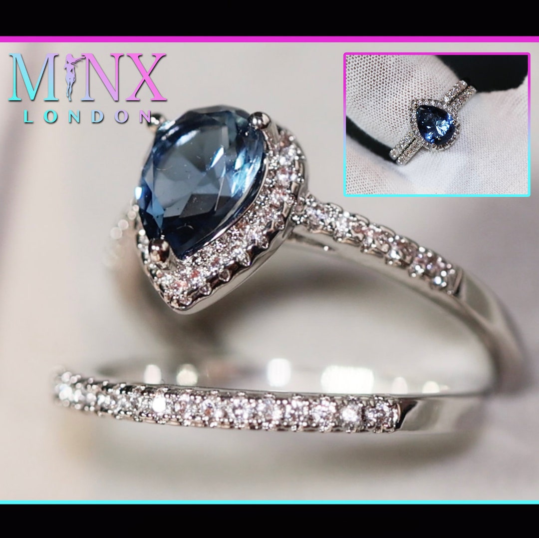 Blue Wedding Ring Blue Diamond Wedding Ring Set Teardrop Ring Pear Cut ...