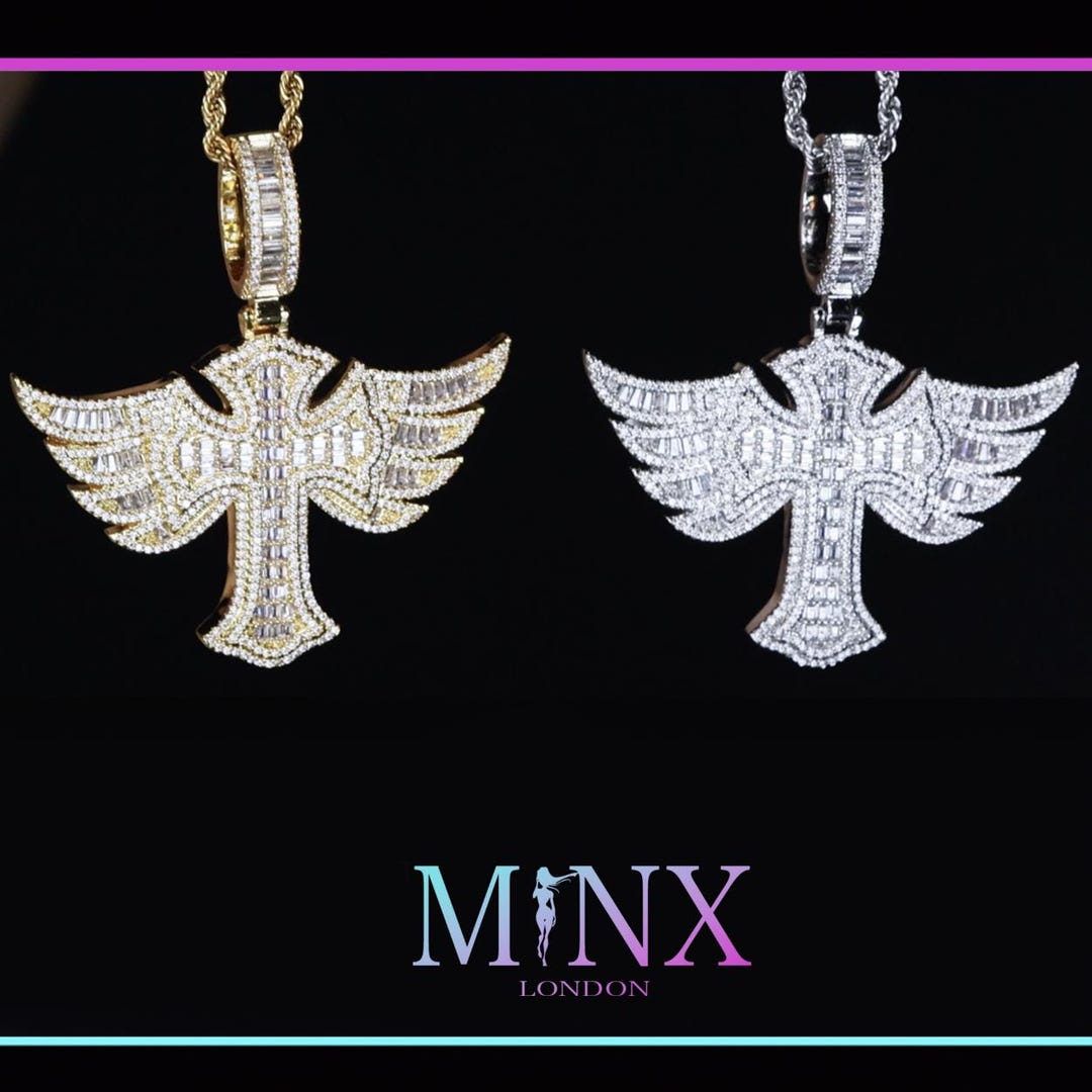 Iced Out Cross Pendant | Baguette Diamond Cross Pendant | Winged Cross ...