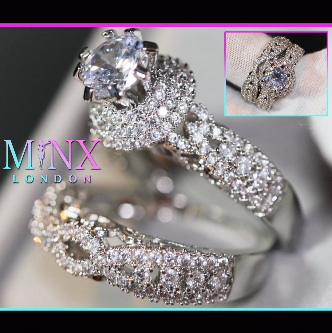 Womens Silver Diamond Engagement Ring Womens Wedding Ring Set ...