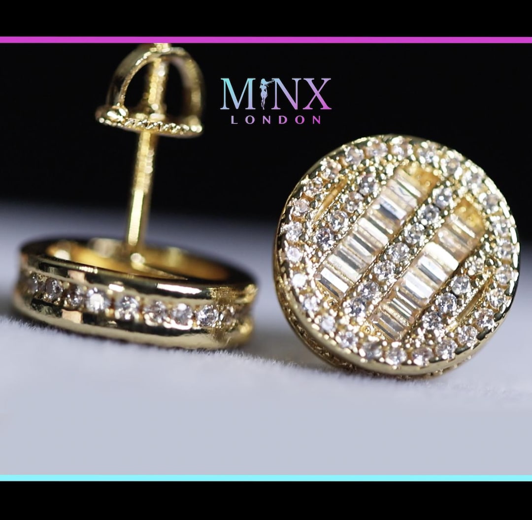 Gold Iced Out Ear Studs | Gold Baguette Cut Diamond Earrings | Gold ...