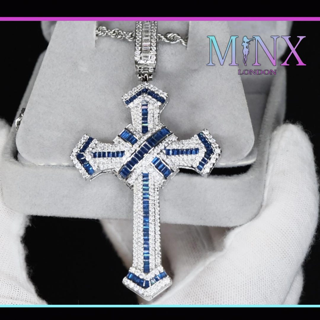 Blue Diamond Cross Pendant | Silver Diamond Cross Pendant | Baguette ...