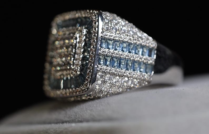 Men's Blue Diamond Ring | Blue Diamond Hip Hop Ring | Blue Baguette ...