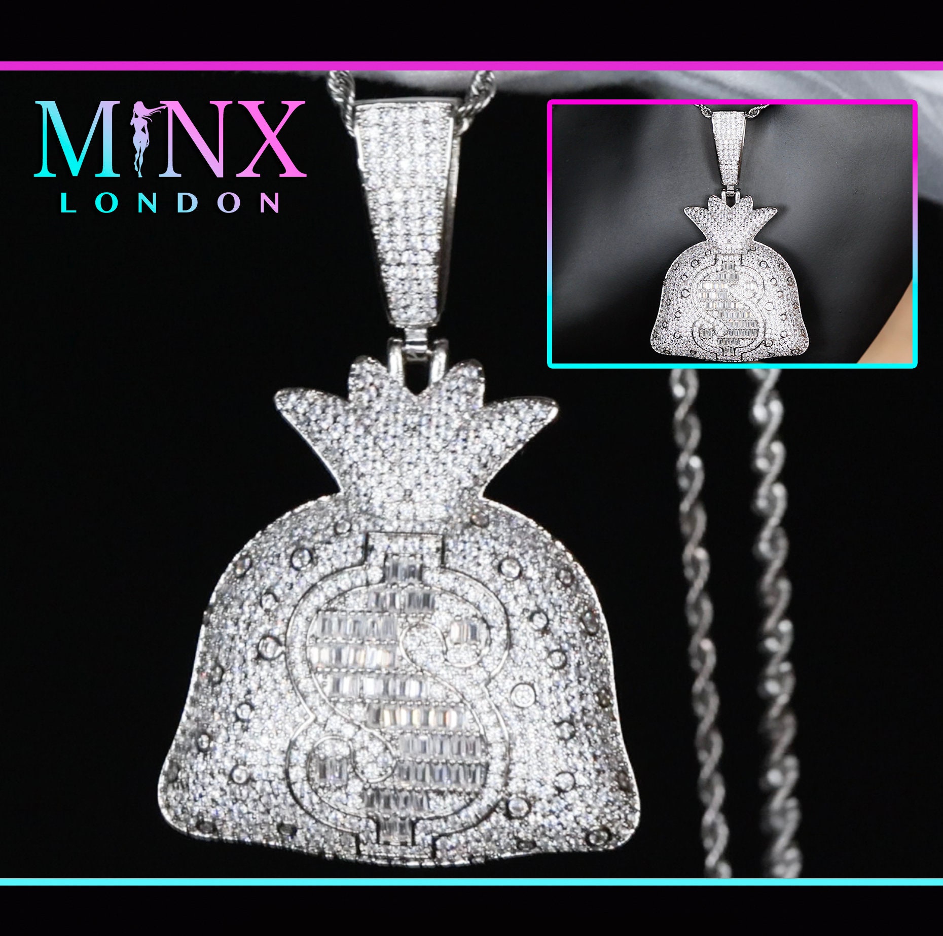 Money Bag Pendant Hip Hop Pendant Iced Out Pendant Iced Pendants Diamond Pendant Hip Hop Chain Iced Necklace Hip Hop Jewelry