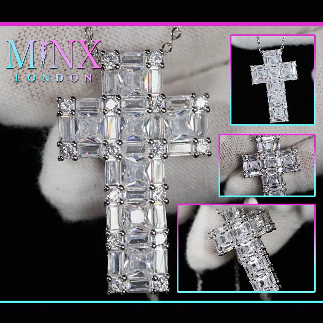 Silver Baguette Cut Diamond Cross Pendant | Princess Cut Damond Cross ...