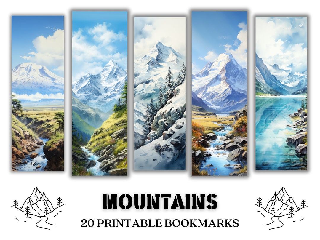 Mountains Printable Bookmarks, 20 Watercolor Nature Landscapes PNG JPG ...