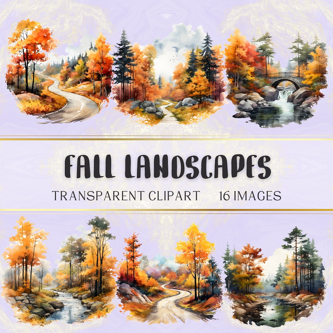 Fall Landscapes Clipart, Watercolor Autumn Scenes Clipart Bundle ...
