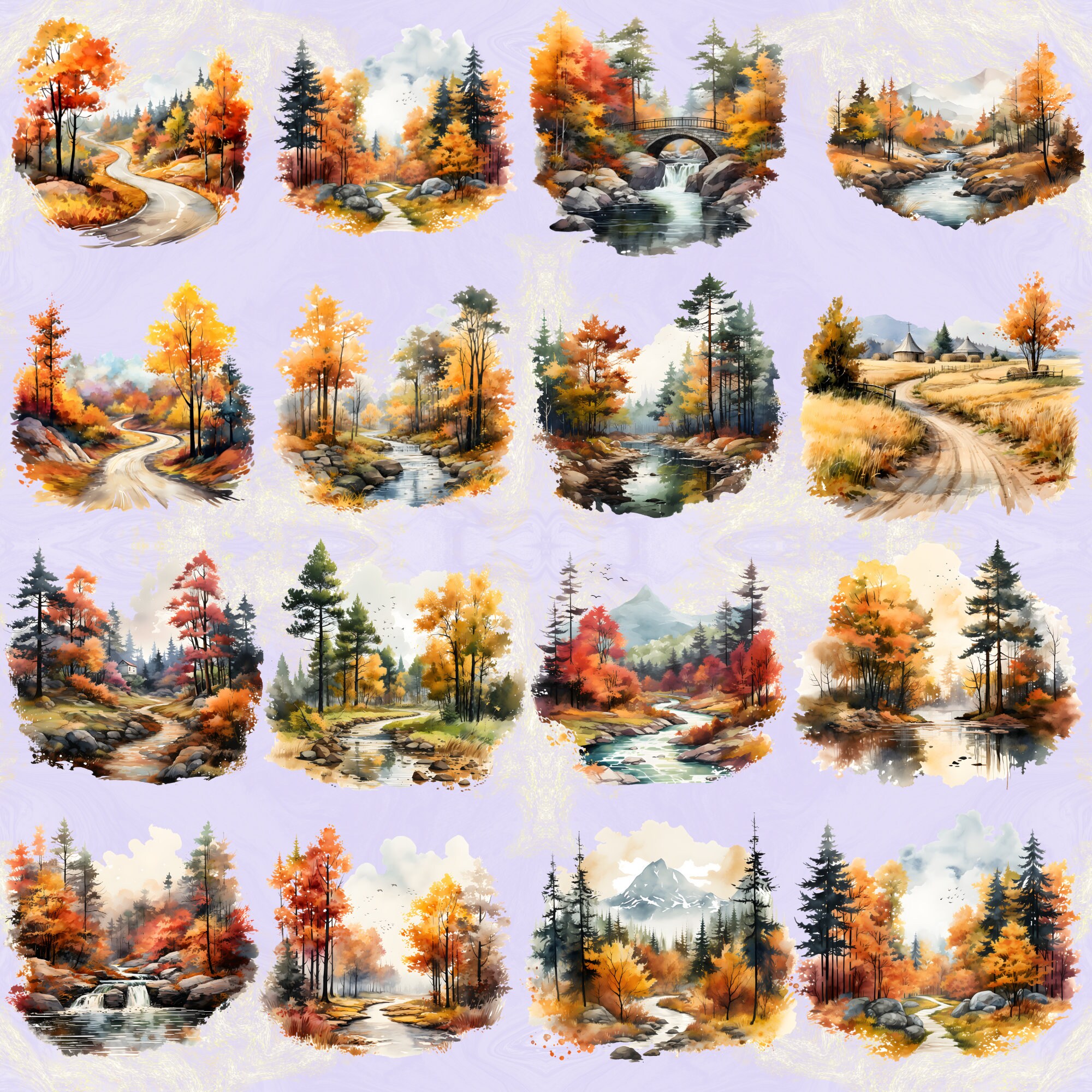 Fall Landscapes Clipart, Watercolor Autumn Scenes Clipart Bundle ...