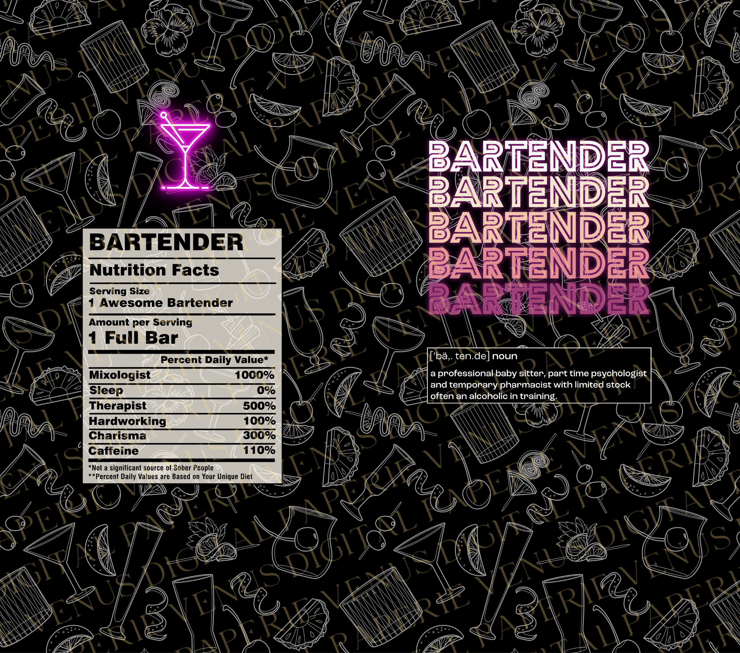 Bartender Tumbler Wrap, Bartender Nutrition Facts, Seamless 20oz Skinny ...