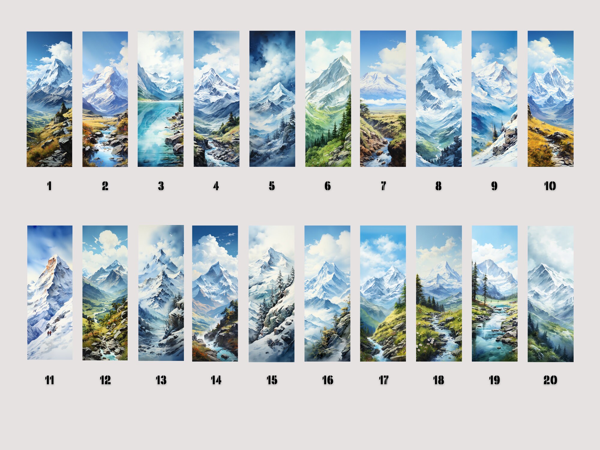Mountains Printable Bookmarks, 20 Watercolor Nature Landscapes PNG JPG ...